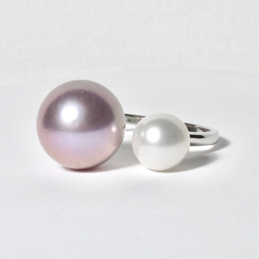 Freshwater Edison Purple & White Duo Pearls Open Ring – Excellent Lustre – GRACE SELECTED