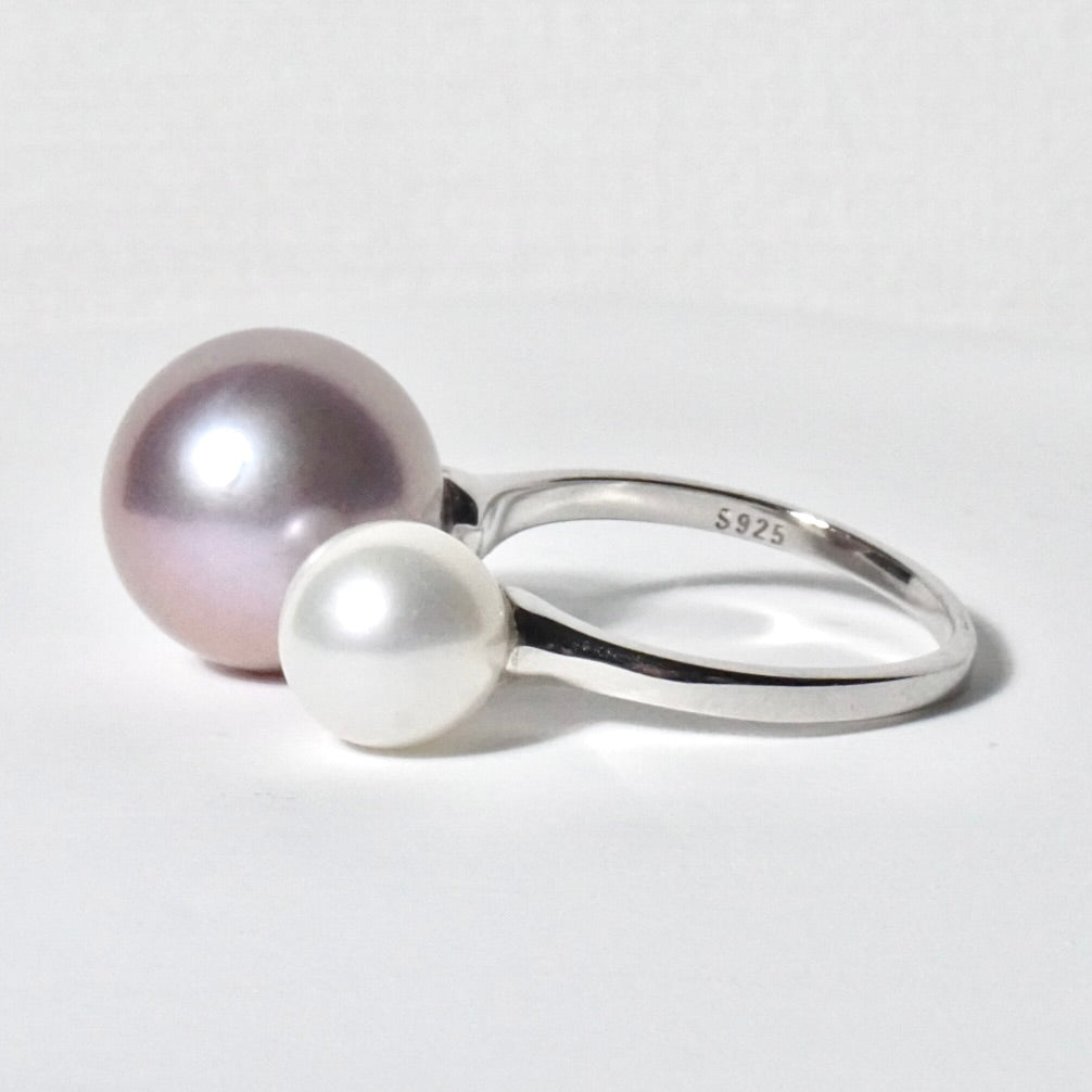 Freshwater Edison Purple & White Duo Pearls Open Ring – Excellent Lustre – GRACE SELECTED